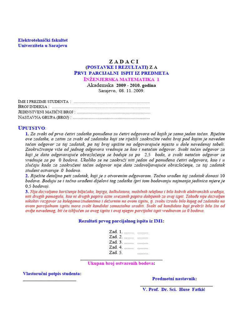 Zadaci Formulacije I Rezultati-Odgovori Za 1. Parc. Ispit Iz IM1 2009 - 2010 | PDF