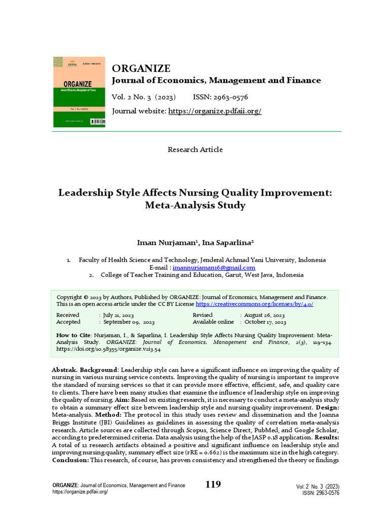 Leadership Style Affects Nursing Quality Improvement: Meta-Analysis Study | PDF