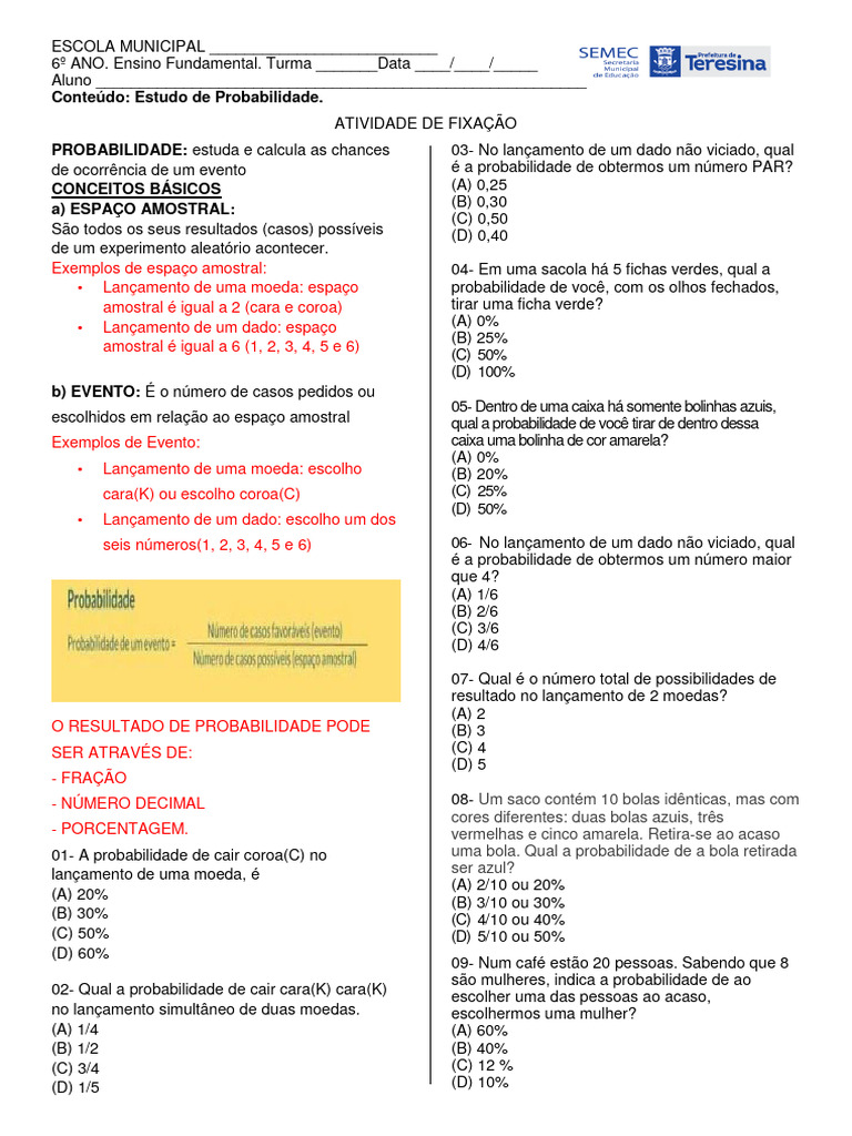 Atividades de Fixação em Probabilidade | PDF | Probabilidade | Science