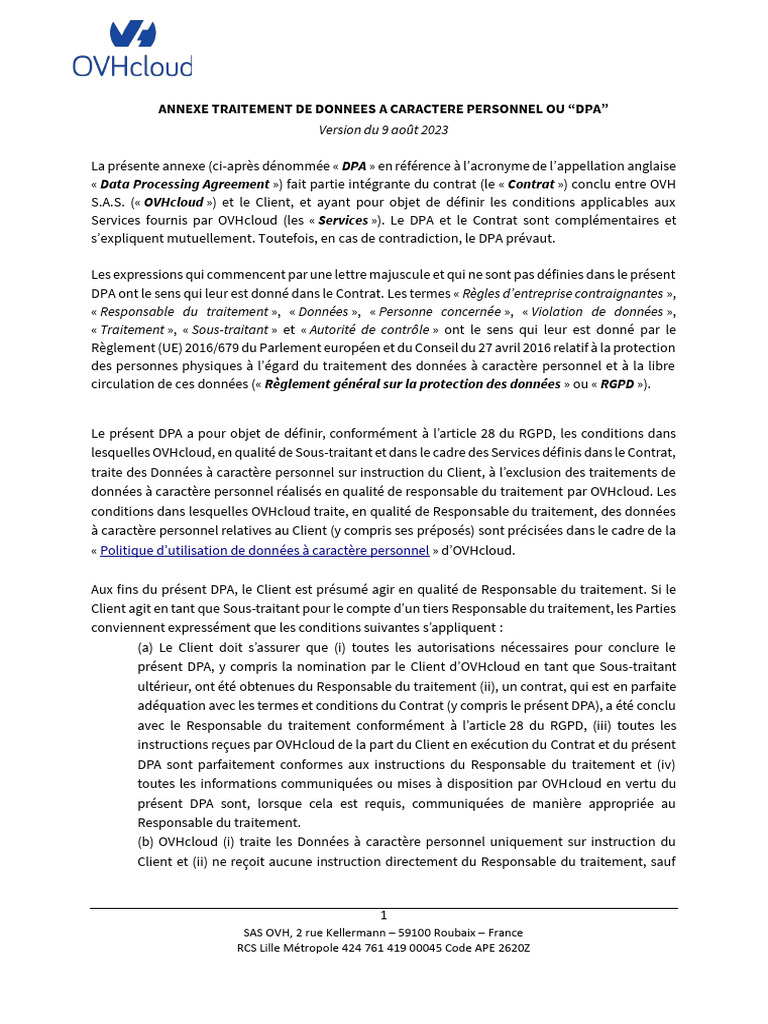 7ce0301-OVH Data Protection Agreement-FR-6.2 | PDF