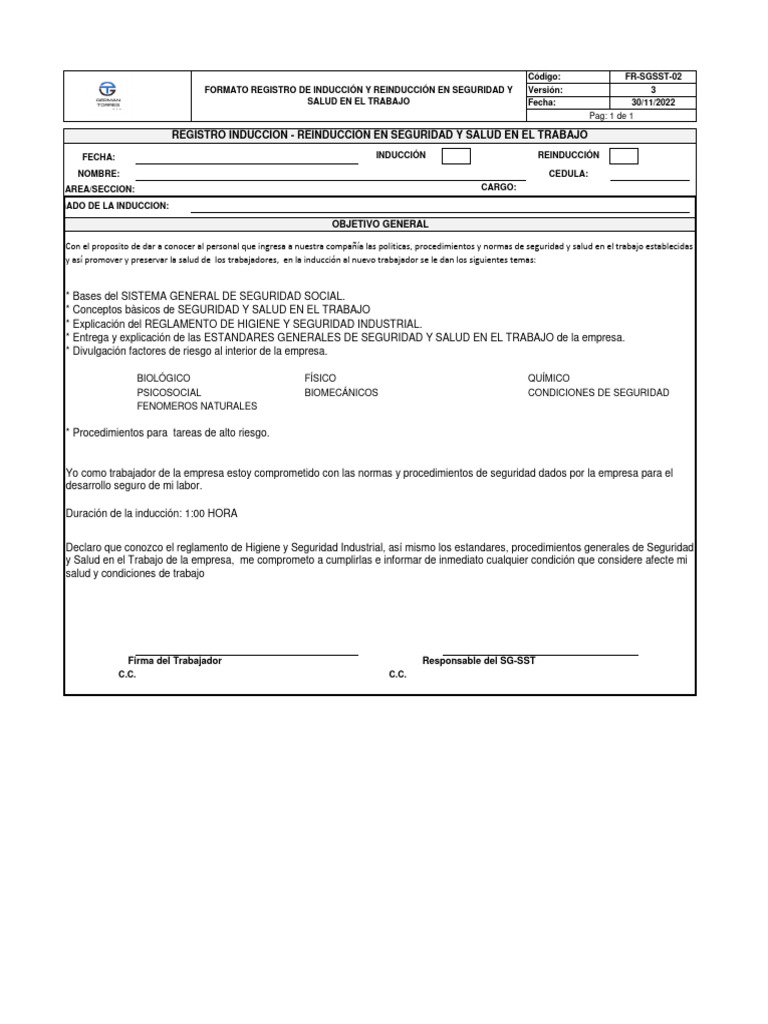 FR-SGSST-002 Formato de Inducción y Reinducción en SST | PDF