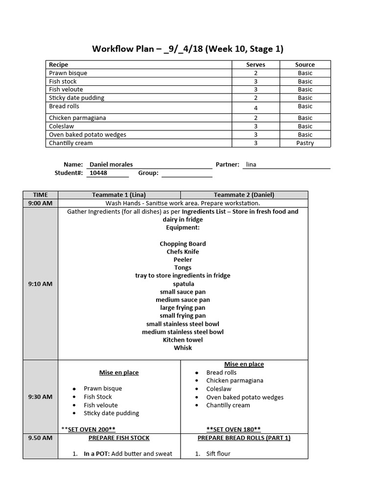 Workflow Plan Week 10 (2) 3376 | PDF | Baking | Cooking