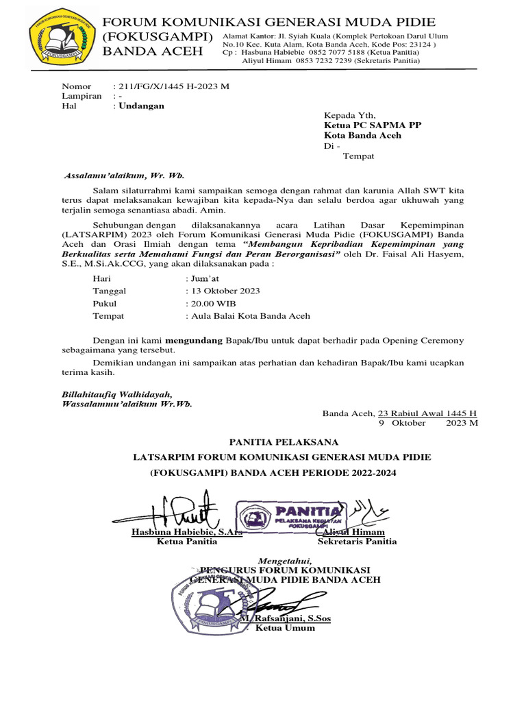 Surat Undangan Open Ceremony PC SAPMA PP BNA | PDF