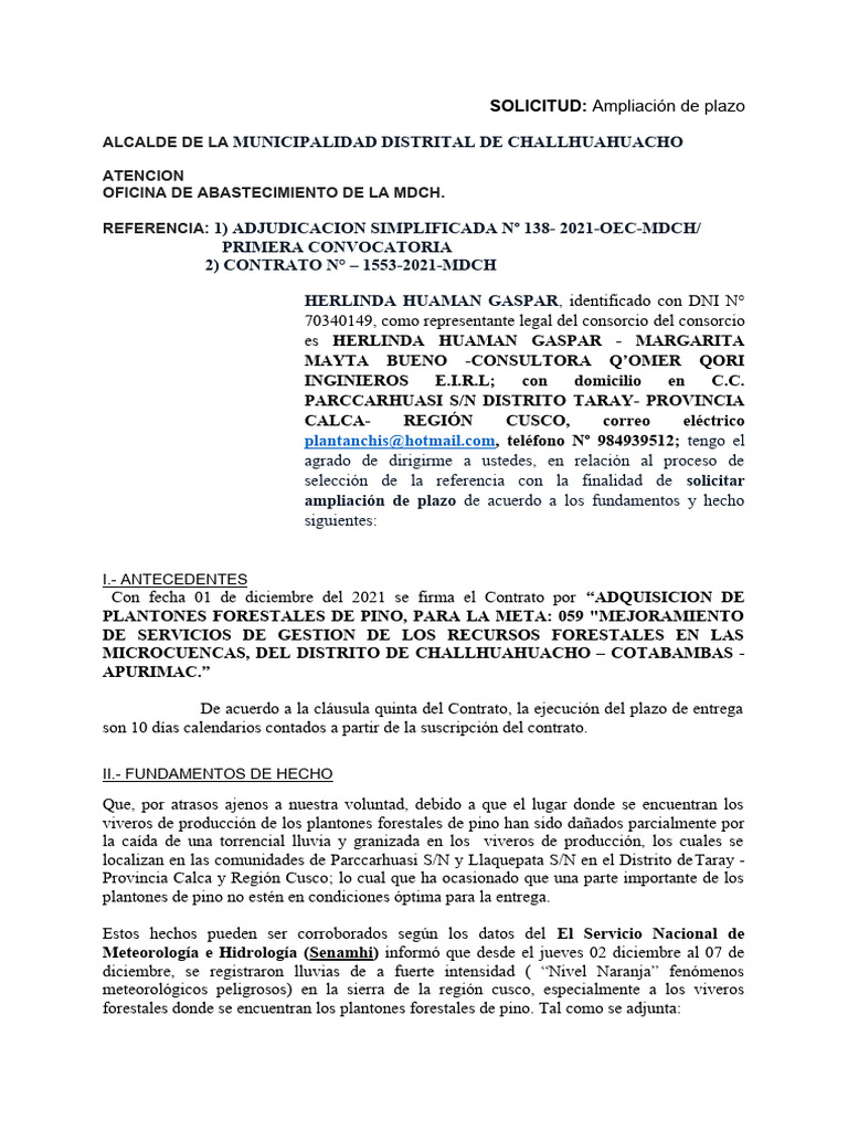 SOLICITUD DE AMPLIACION DE PLAZO - MODELO | PDF