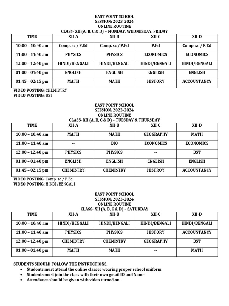 Online Class Routine XII | PDF