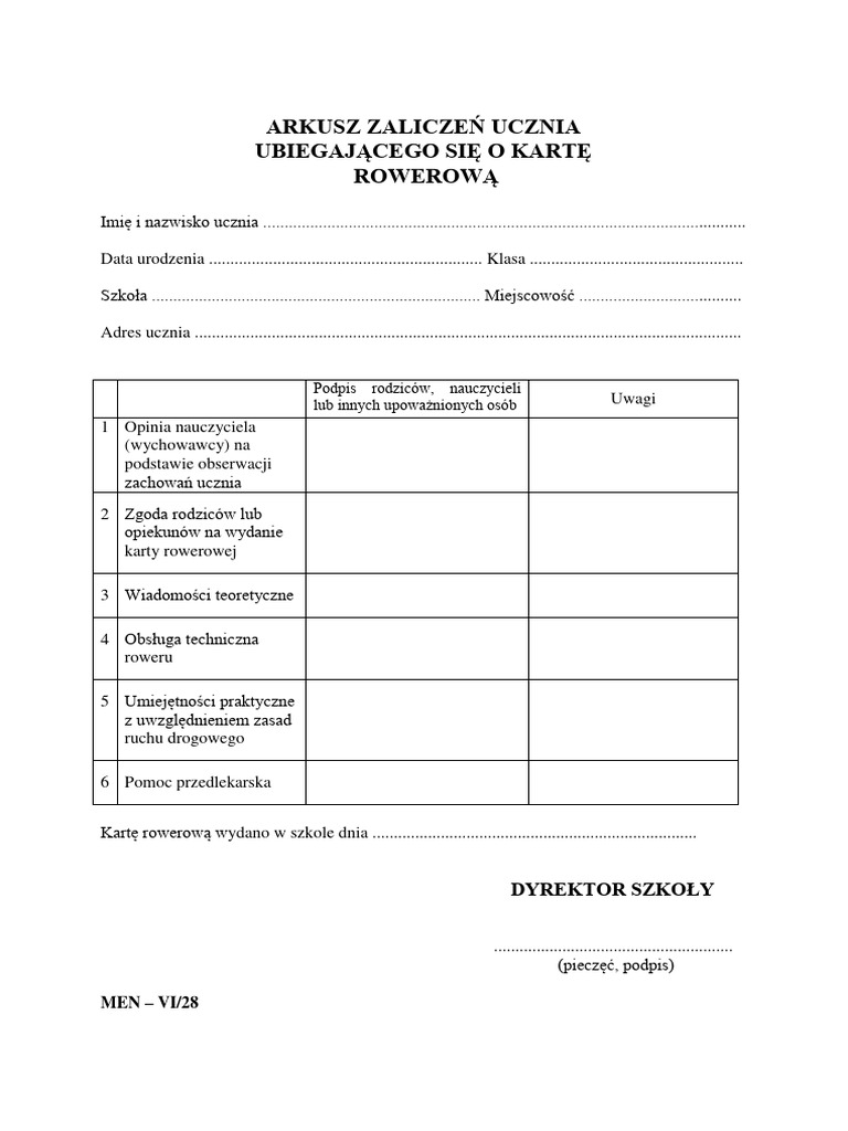 Arkusz MEN-VI 28 Rower | PDF