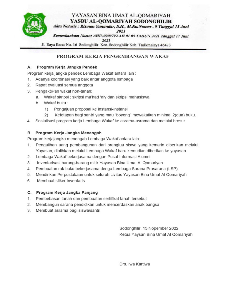 Program Kerja Pengembangan Wakaf | PDF