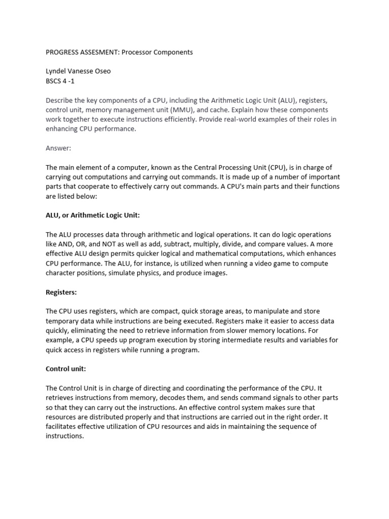 PROGRESS ASSESMENT - Processor Components | PDF | Central Processing Unit | Cache (Computing)