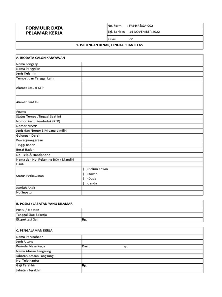 HR - 002 Formulir Pelamar Kerja | PDF