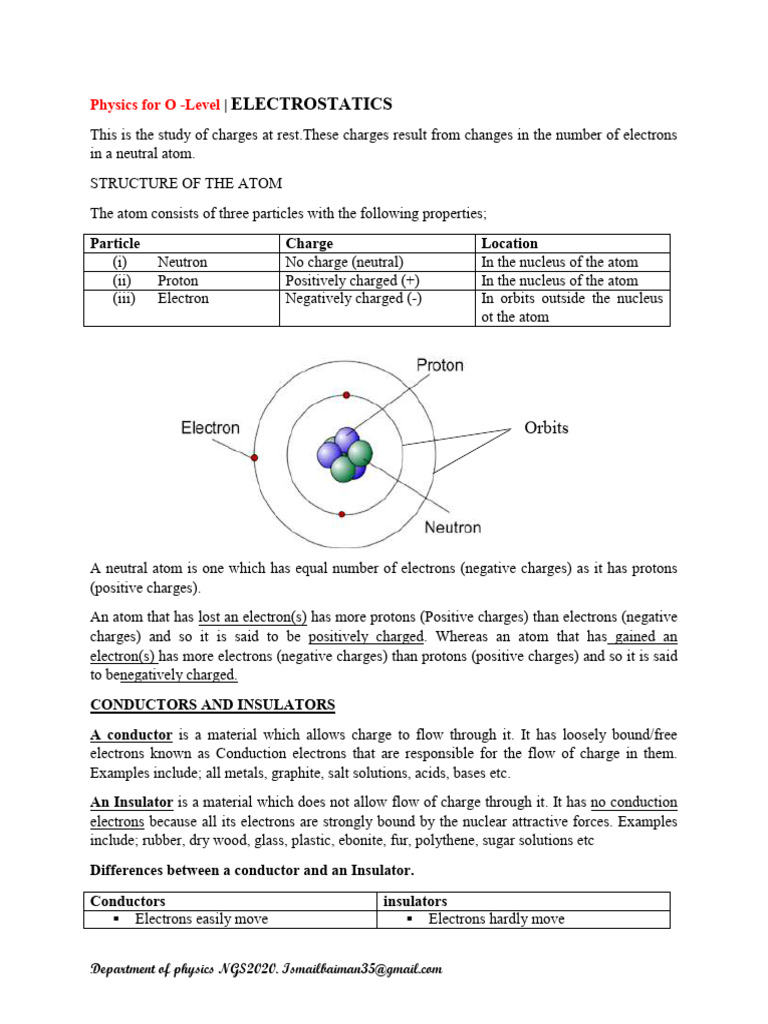 S.4 Physics - Electrostatics - O-Level Notes | PDF