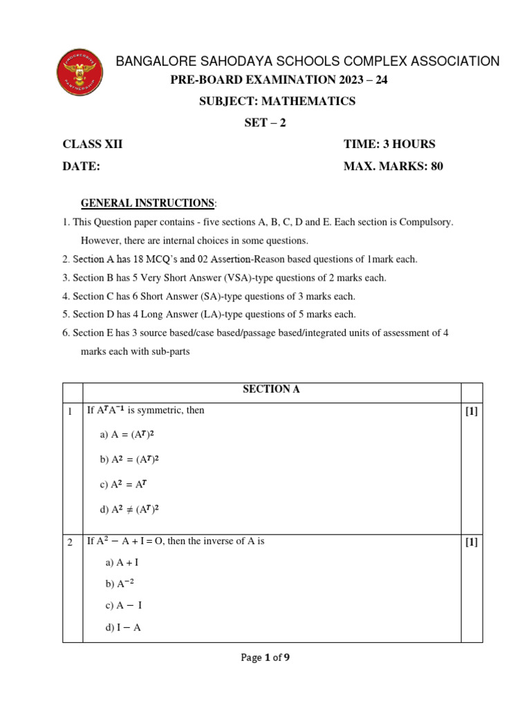 Xii Pre-Board Set-2 QP 2023-24 (Bangalore Sahodaya) | PDF | Rectangle | Mathematics