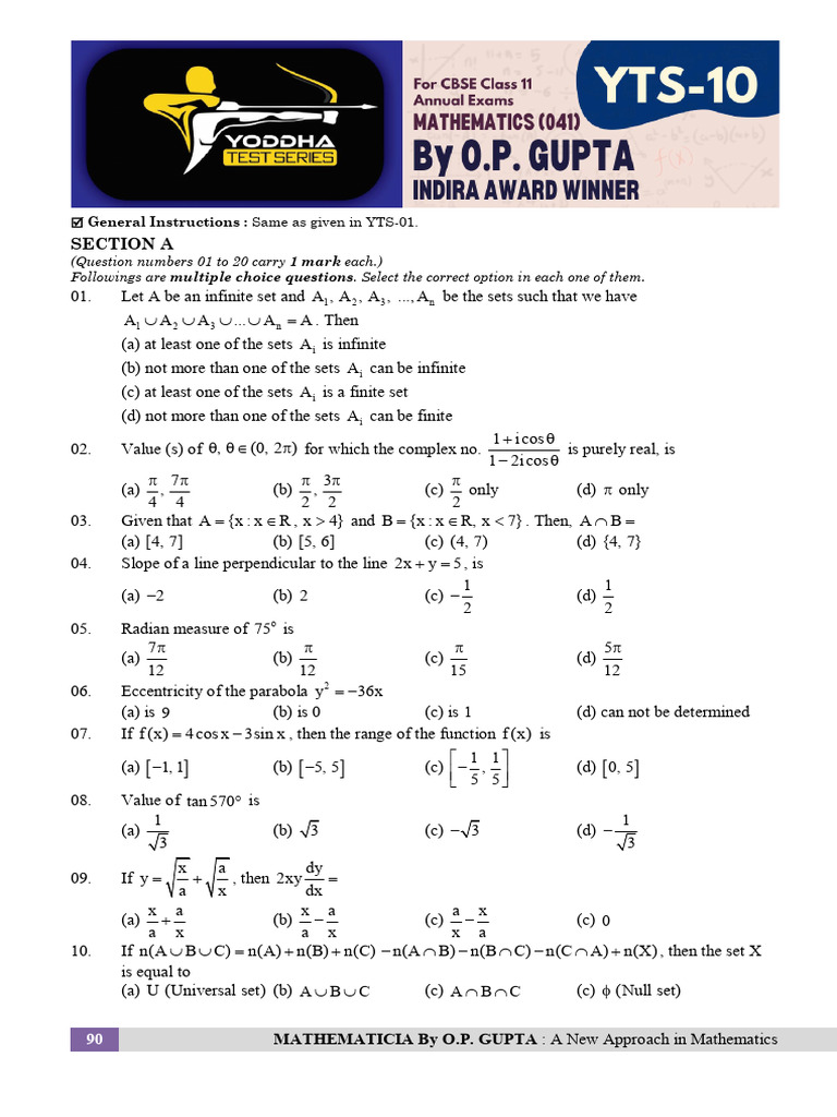 YTS-10 (XI Maths Sample Paper - O.P. GUPTA) | Download Free PDF ...