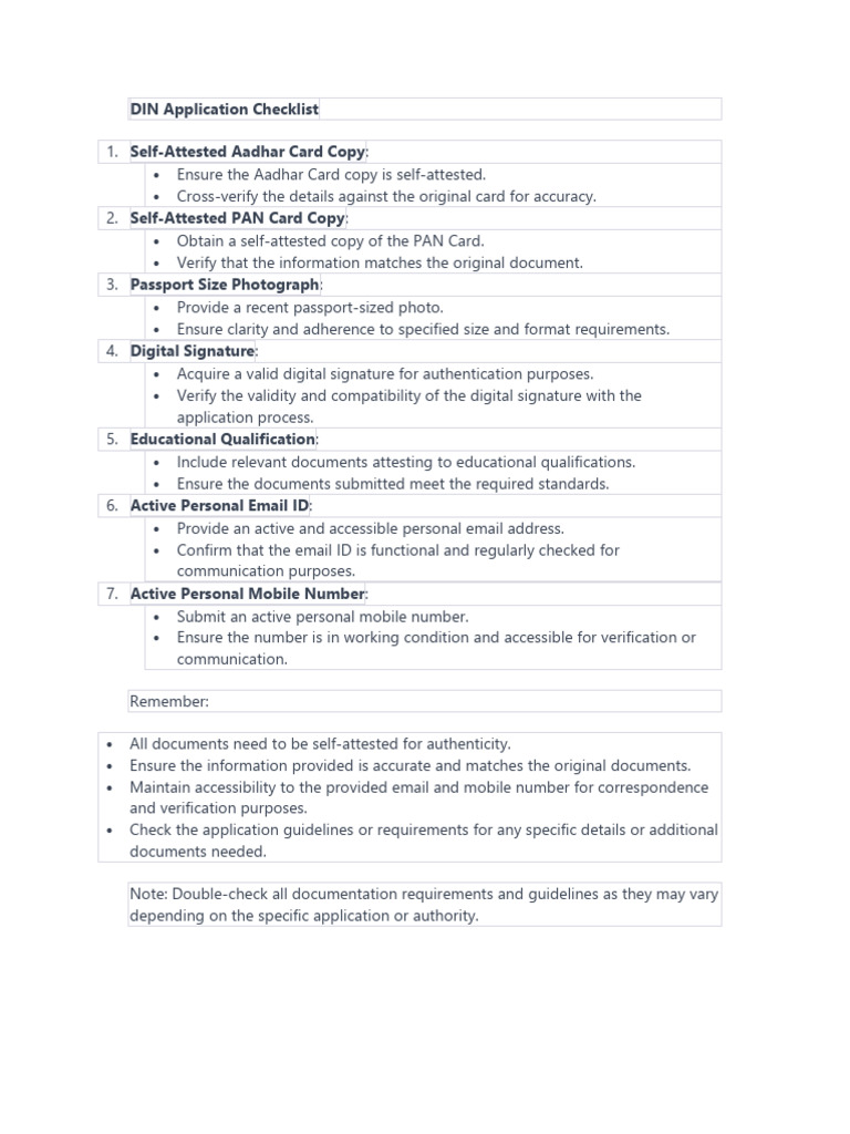 DIN Application Checklist in Details | PDF