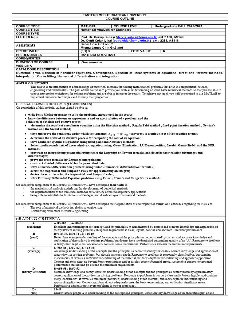 Course Outline Fall20232024 | PDF | Numerical Analysis | Equations