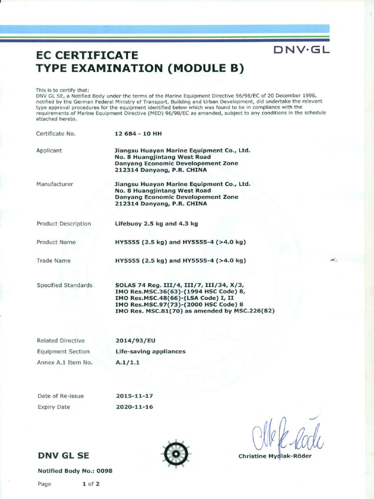 DNV GL Certificate Huaya Life Buoy HY5555 HY5555 4 Module B | PDF