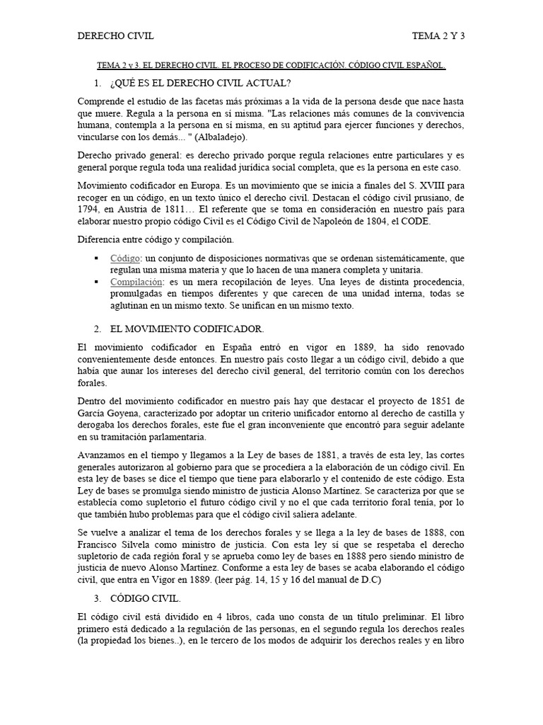 Tema 2 y 3. Derecho Civil. El Proceso de Codificación. | PDF | Codificación (ley) | Derecho ...