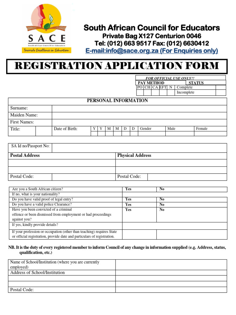 Sace Registration Application Form Pdf Government