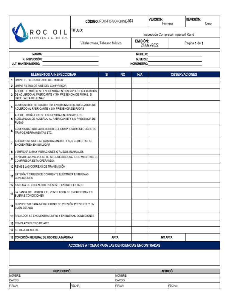 ROC-FO-SGI-QHSE-074 Inspecciòn Compresor Ingersol Rand | PDF | Motores ... ROC-FO-SGI-QHSE-074 Inspecciòn Compresor Ingersol Rand | PDF | Motores ...