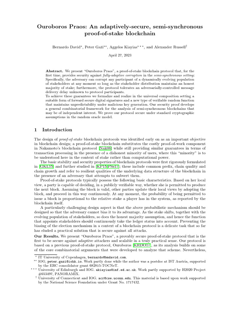 Ouroboros Praos: An Adaptively-Secure, Semi-Synchronous Proof-Of-Stake Blockchain | PDF ...