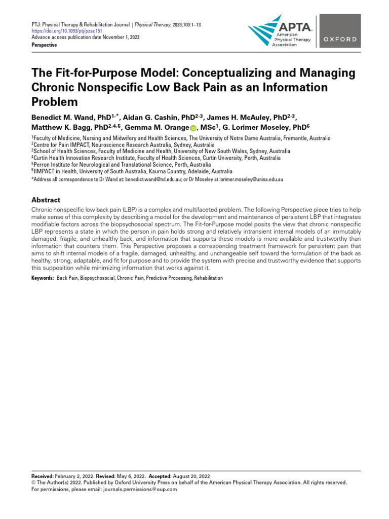 Benedict M Wand The Fit For Purpose Model | PDF | Pain | Perception