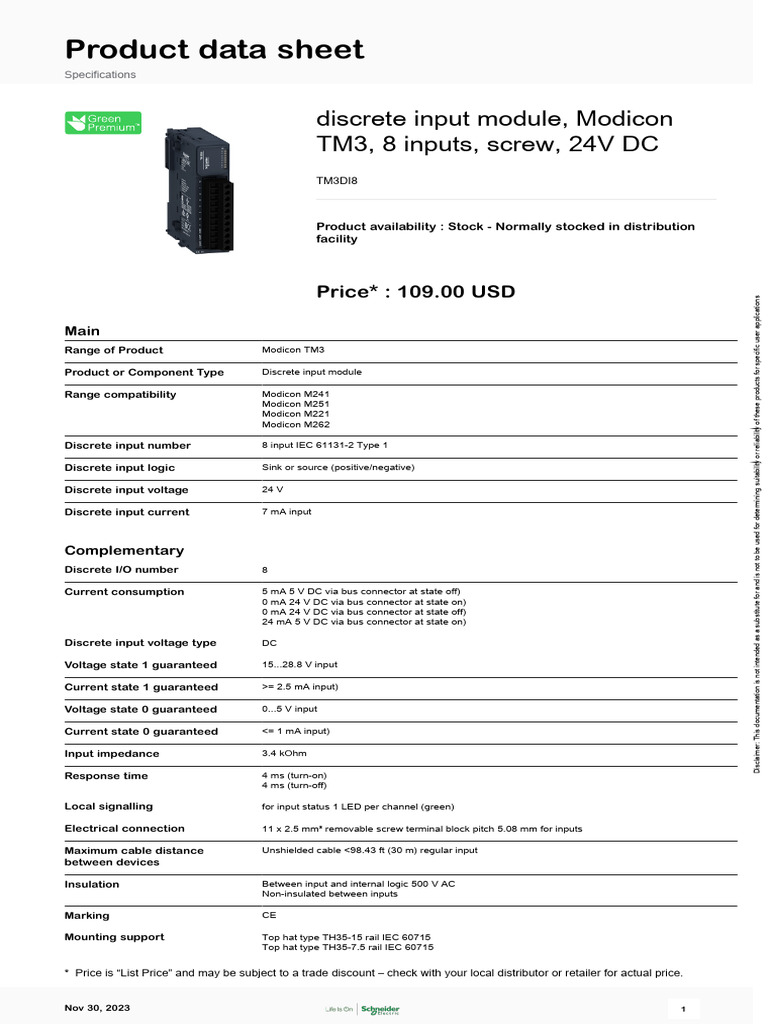Modicon TM3DI8 Input Module Specs | PDF | Programmable Logic Controller | Electronics