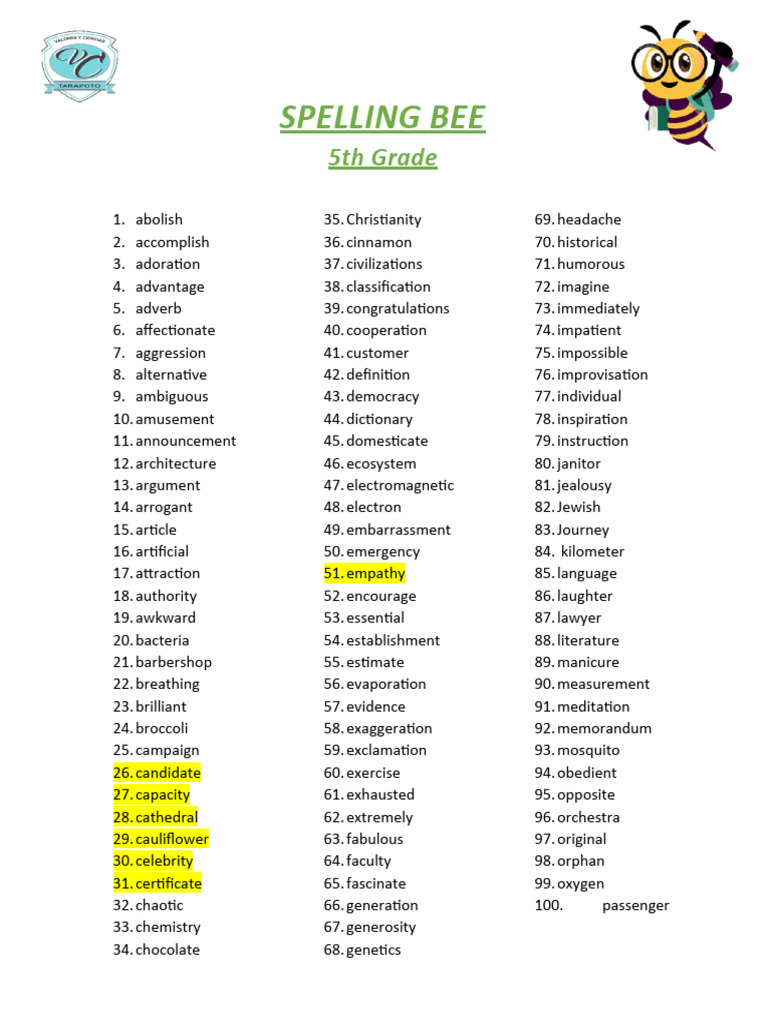 Speeling Bee - 5th Primary | PDF