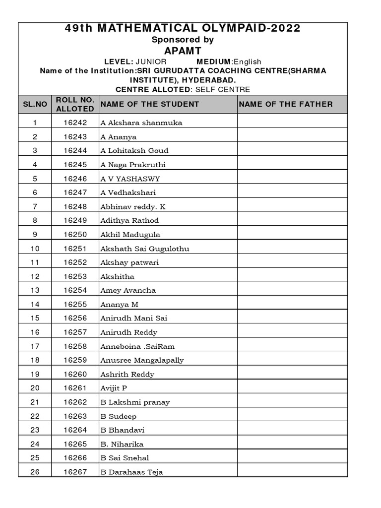 APAMT VIII Class Students List - 2022 | PDF