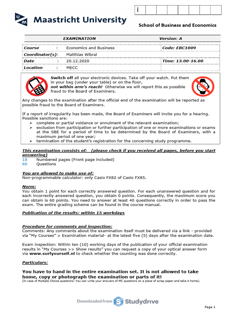 Sit Exam 2019-2020 Version A | PDF | Business | Finance & Money Management