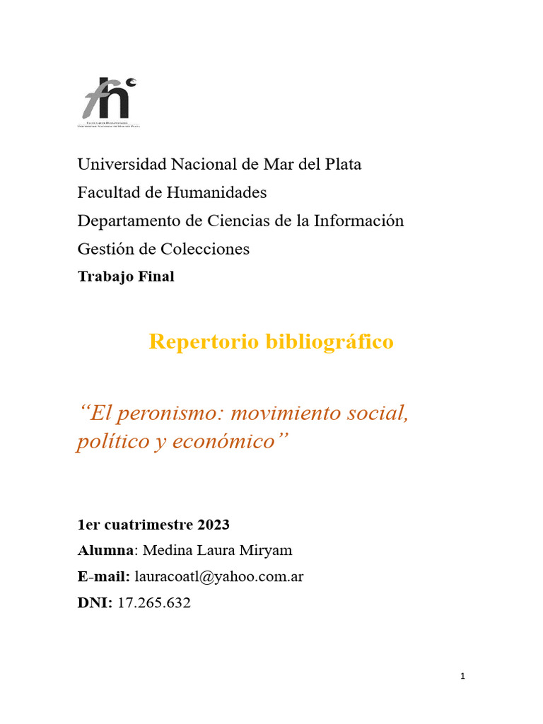 Repertorio Bibliográfico El Peronismo | PDF | Bibliografía | Argentina
