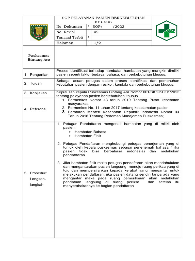3.1.1.1 Contoh Sop Pelayanan Pasien Berkebutuhan Khusus | PDF