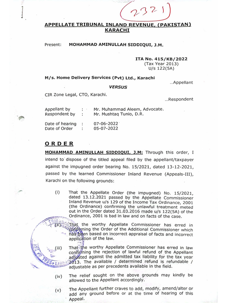 Home Delivery Services (PVT) LTD ITA 415KB2022 Order | PDF