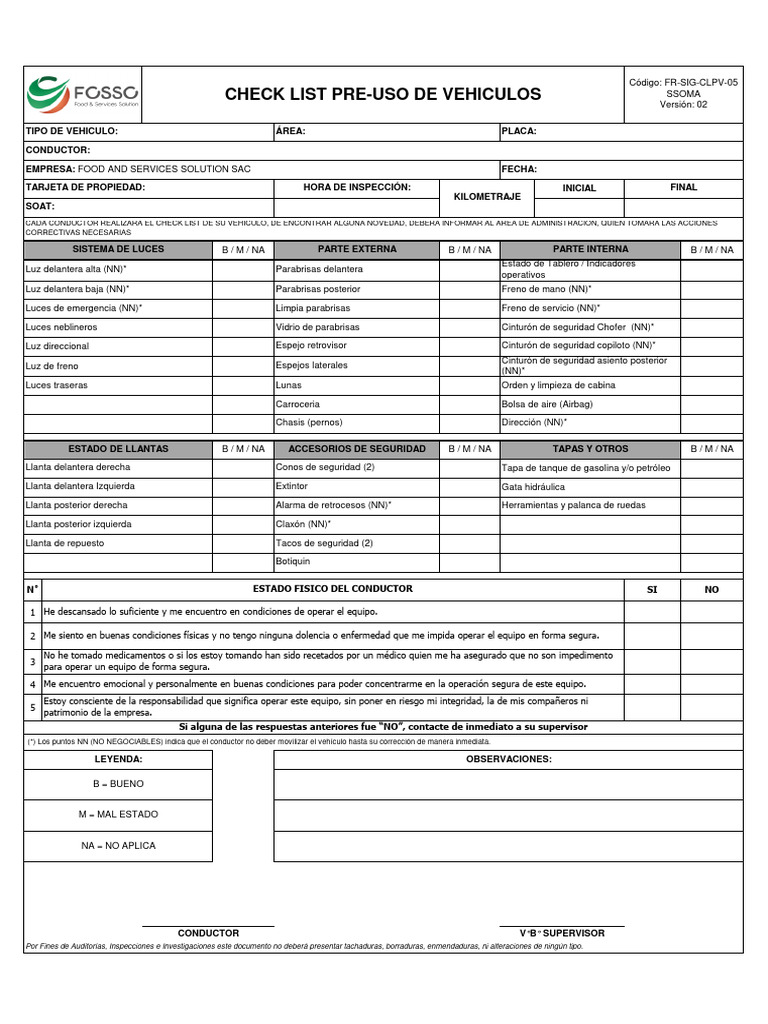 Fr-Check List de Preuso Vehiculos | Descargar gratis PDF | Estilos de ...
