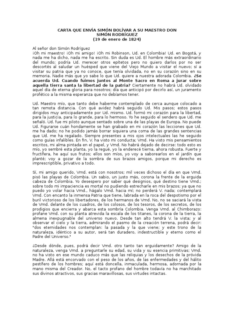 CARTA QUE ENVÍA SIMÓN BOLÍVAR A SU MAESTRO DON SIMON RODRIGUEZ | España ...