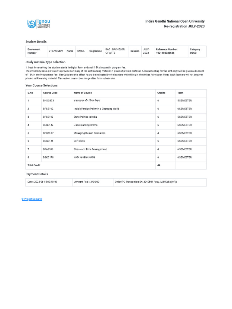 Student Details: Enrolement Number Name Programme Session Reference ...