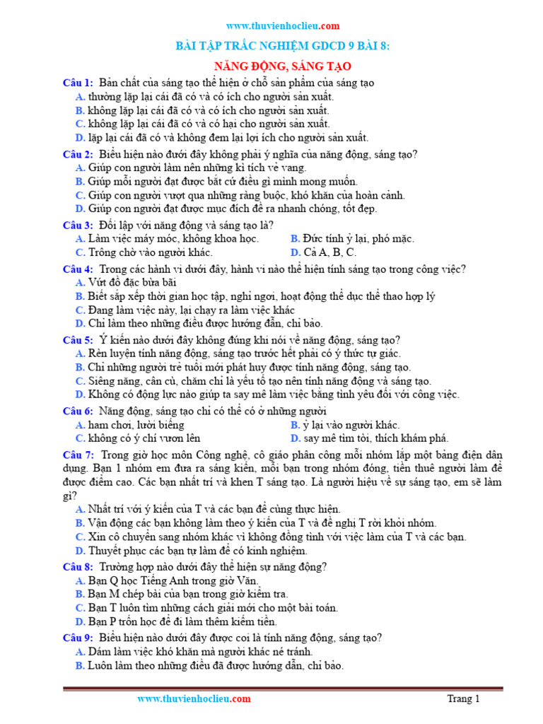 Trac Nghiem GDCD 9 Bai 8 | PDF