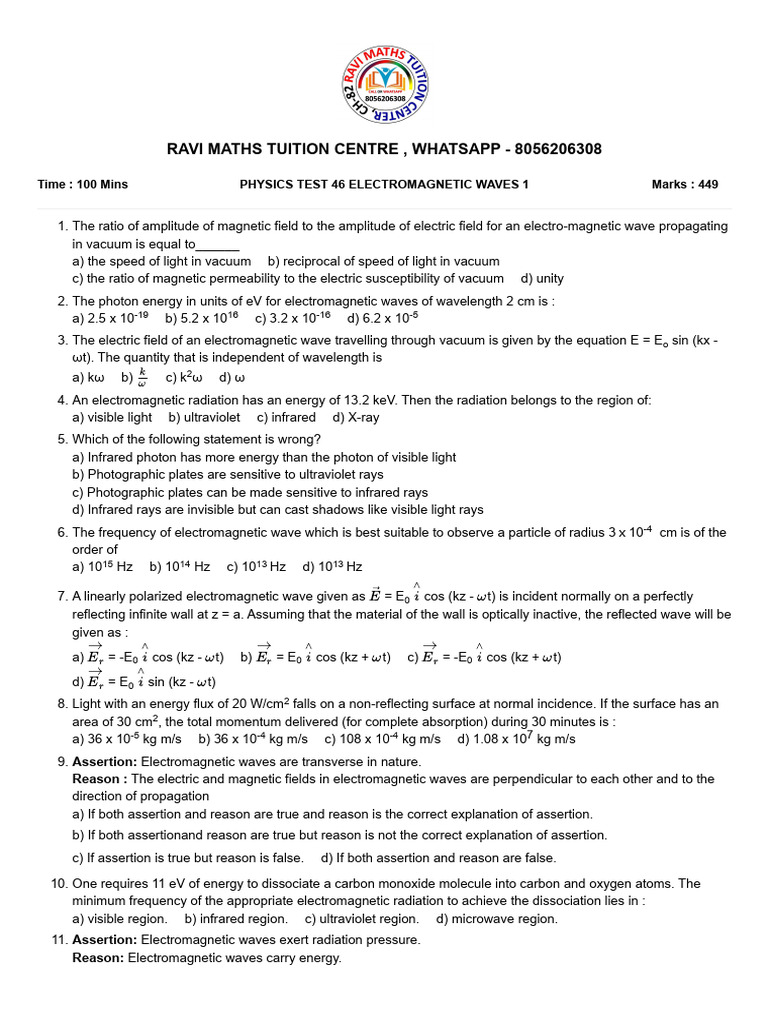 Physics Test: Electromagnetic Waves | PDF | Electromagnetic Radiation ...
