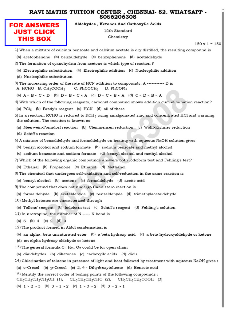 12TH CBSE DPP 37. Aldehydes, Ketones and Carboxylic Acids MCQ ASSERTION REASON CS Q | PDF ...