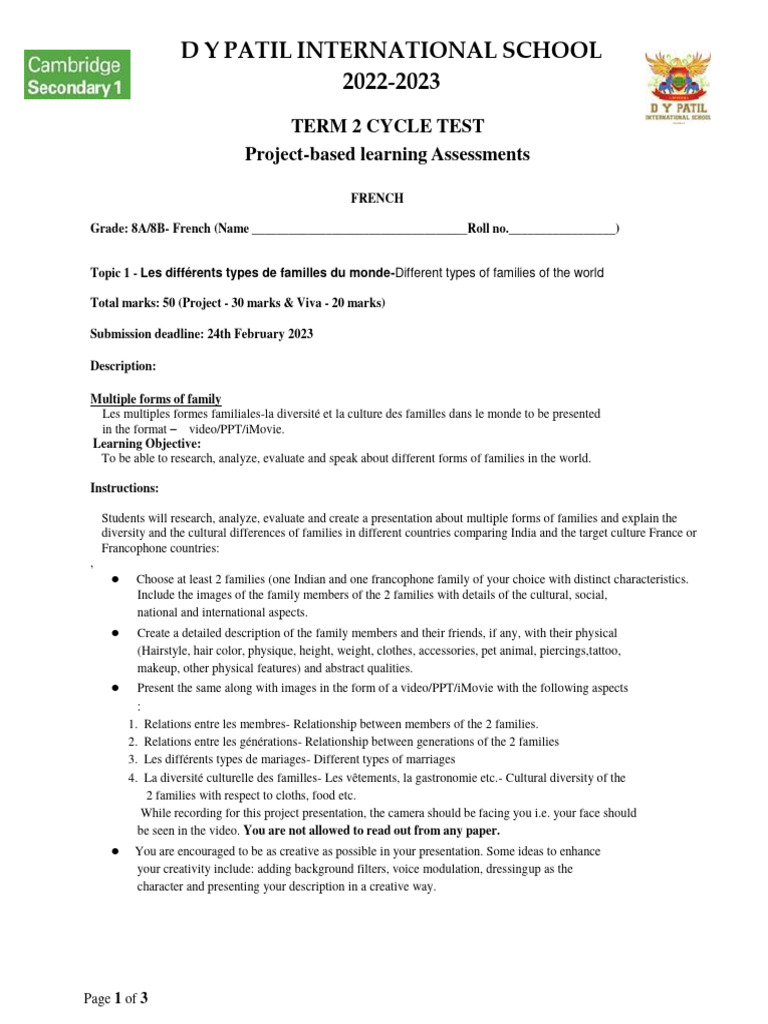 Apprenant-Grade 8 - French Project-Based Assessment Sheet | PDF ...