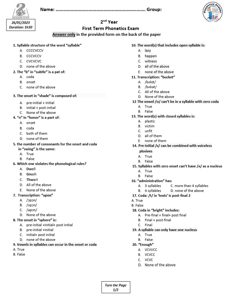 Phonetics Exam-2nd Year | PDF | Syllable | Oral Communication