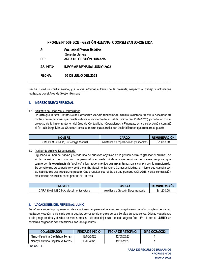 Informe N 006 - RRHH 2023 - Junio | PDF