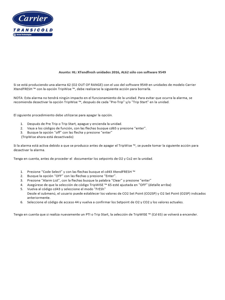 Carrier XtendFRESH Alarm 62 Oxygen Out of Range (Spanish) | PDF