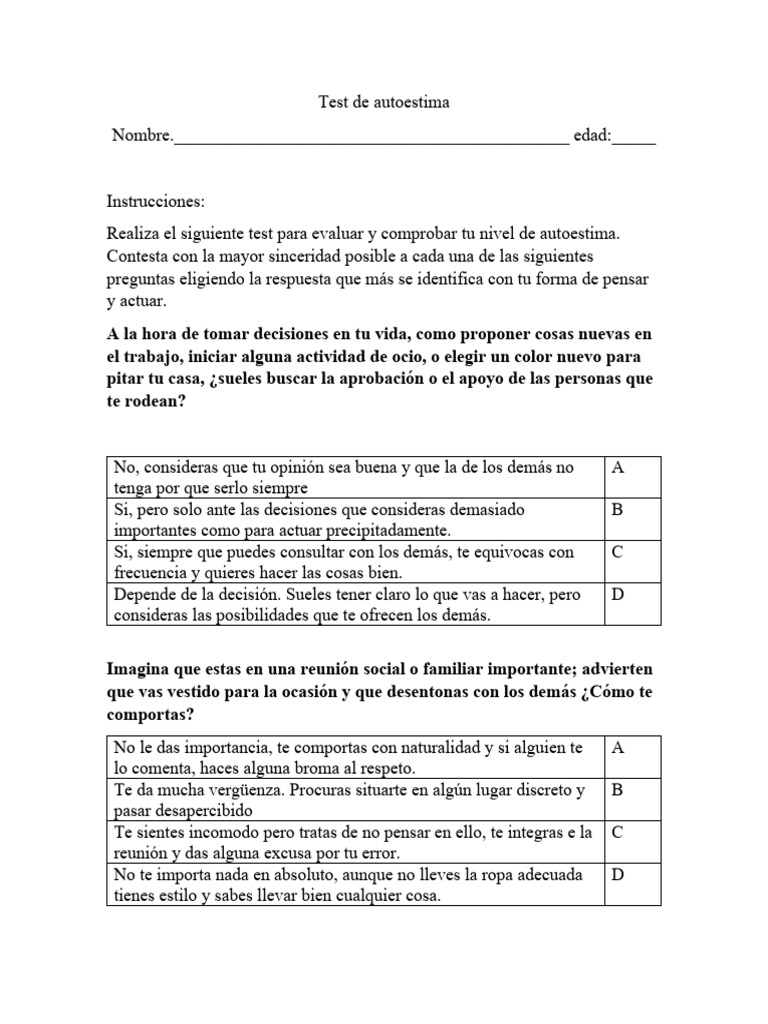 Test de Autoestima | PDF | Autoestima