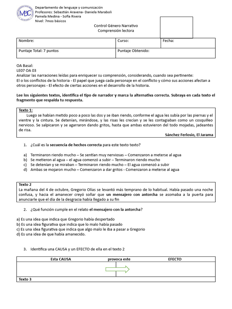 Control de Comprensión Narrativa | PDF