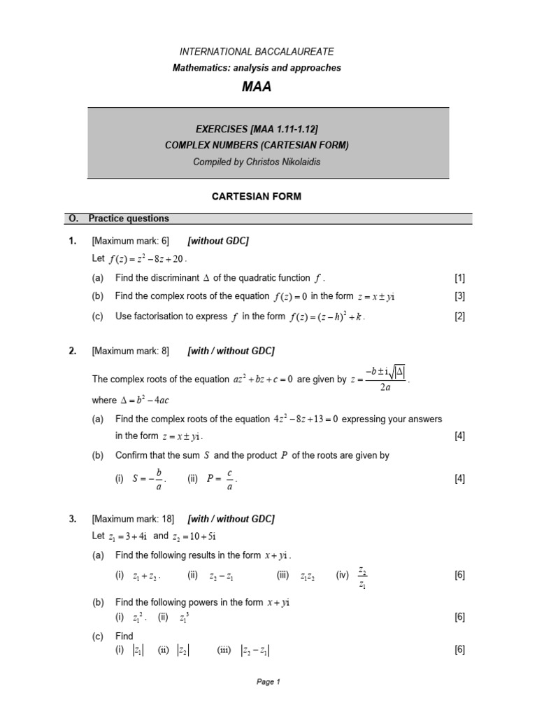 Maa 1 11 1 12 Complex Numbers Cartesian Form Eco Pdf Teaching