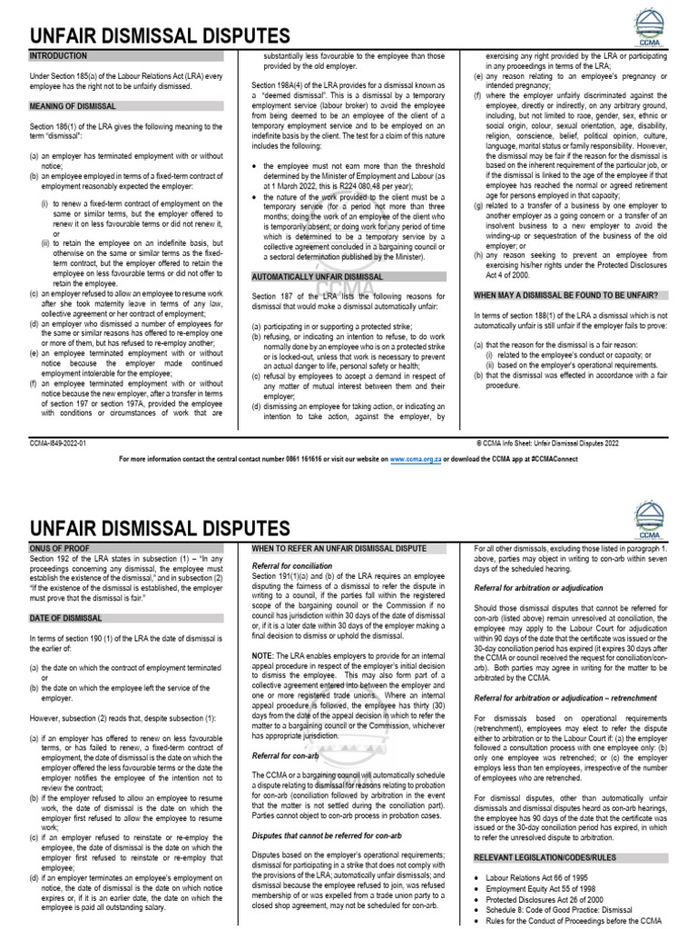 Unfair Dismissal Dispute Info Sheet 2022-01 | PDF | Employment | Arbitration