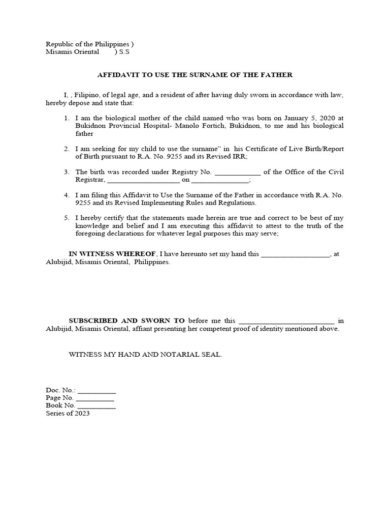 Affidavit for Child's Surname Change | PDF