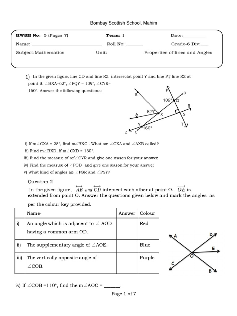 Bombay Scottish - STD 6 (2021-22) - Lines & Angles 3 | PDF | Angle | Trigonometry