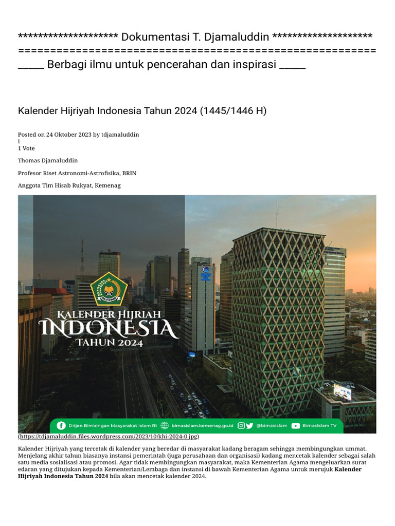 Kalender Hijriyah Indonesia Tahun 2024 (1445 - 1446 H) - Dokumentasi T. Djamaluddin - Berbagi ...