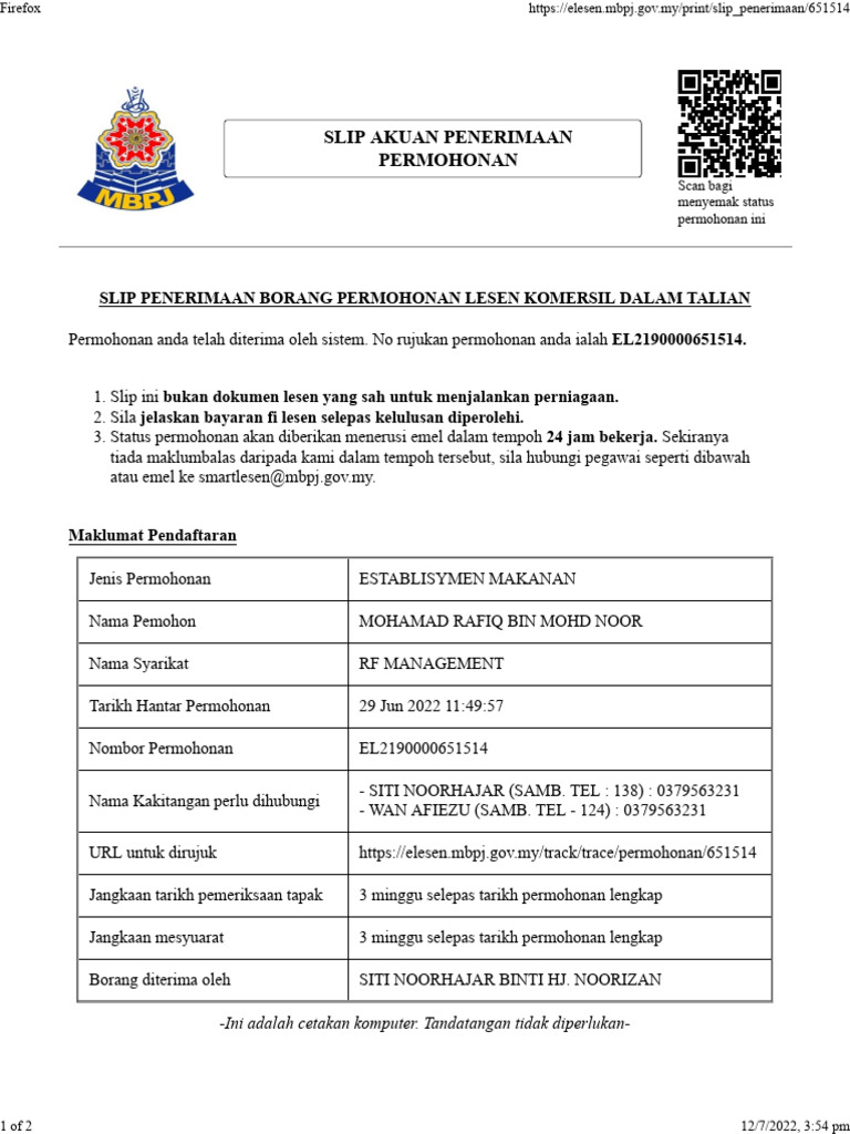 Slip Penerimaan Borang Permohonan Lesen Komersil Dalam Talian | PDF
