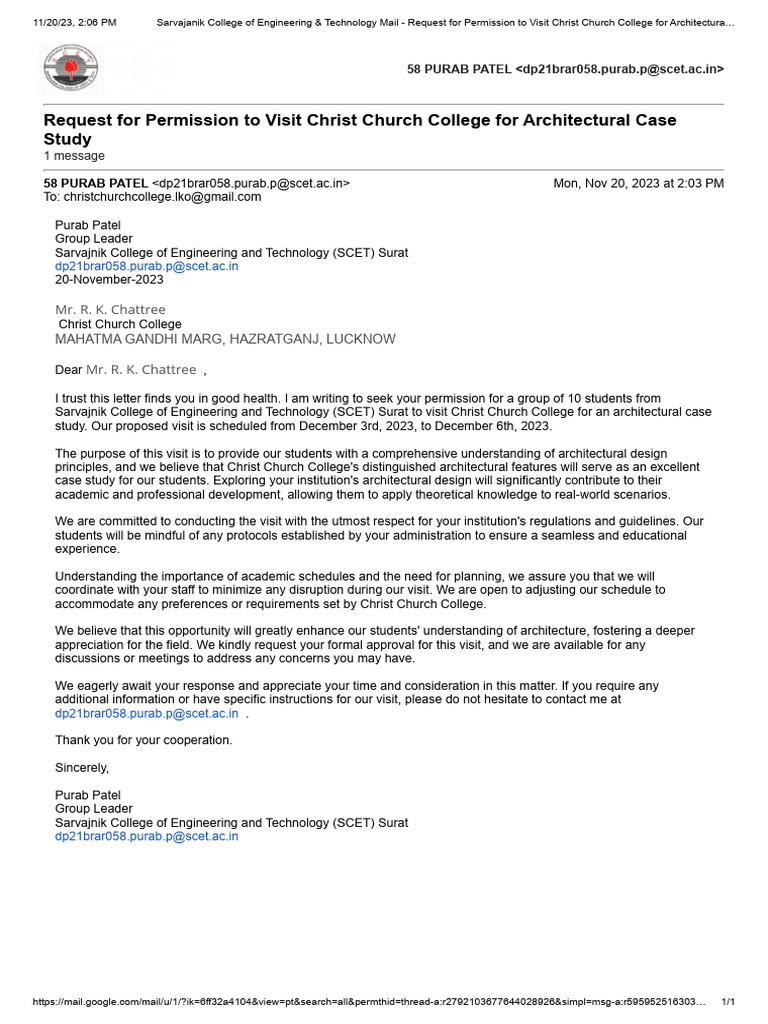 Sarvajanik College of Engineering & Technology Mail - Request For Permission To Visit Christ ...